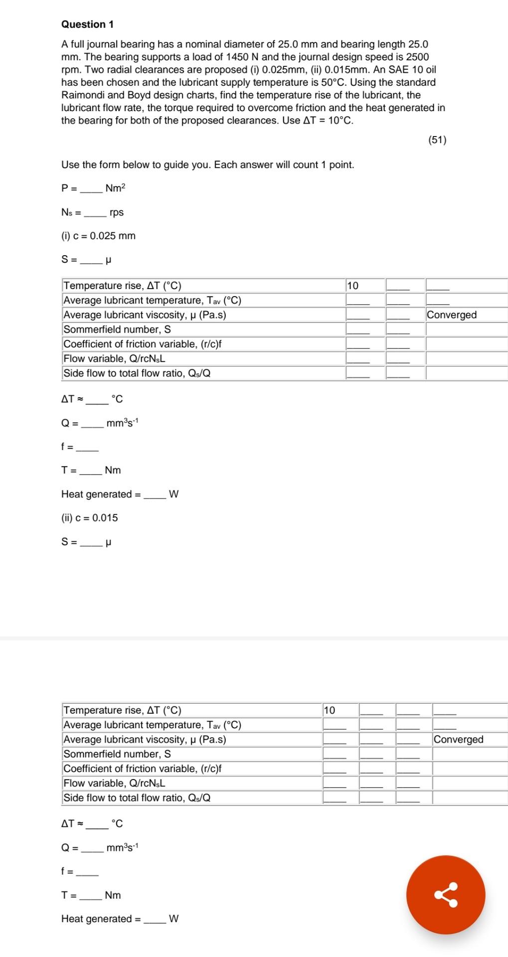 Solved Question 1 A full journal bearing has a nominal | Chegg.com