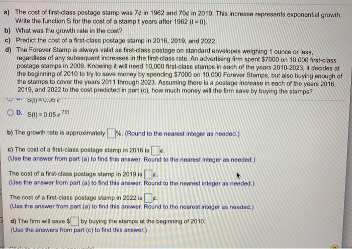 Solved a) The cost of first-class postage stamp was 7e in | Chegg.com