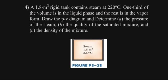 Solved 4) A 1.8−m3 rigid tank contains steam at 220∘C. | Chegg.com