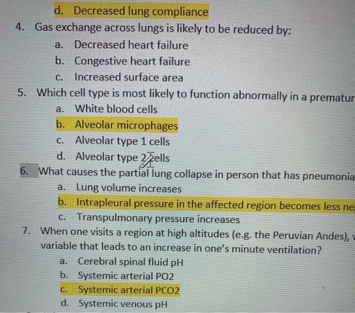 d. Decreased lung compliance 4. Gas exchange across | Chegg.com