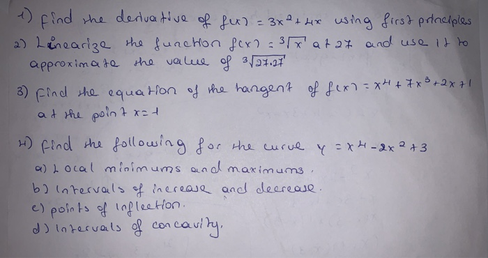 Solved 1) find the derivative of fix) = 3x² + 4x using first | Chegg.com
