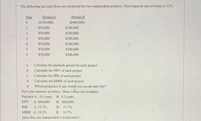 Solved The following net cash flows are projected for two | Chegg.com
