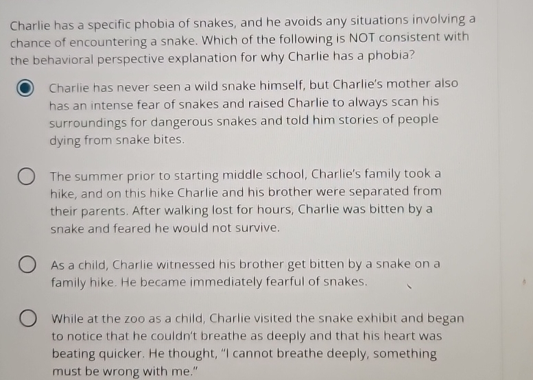Solved Charlie has a specific phobia of snakes, and he | Chegg.com