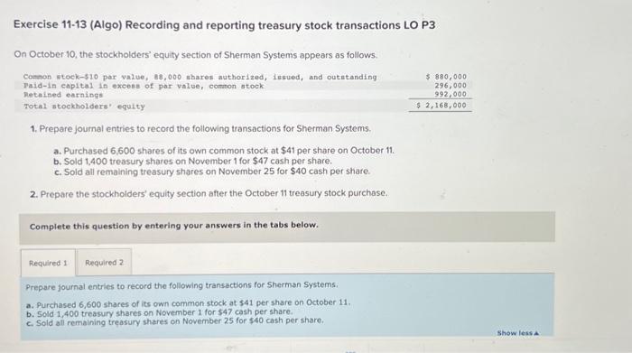 Solved Exercise 11-13 (Algo) Recording and reporting | Chegg.com