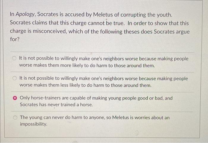 In Apology, Socrates is accused by Meletus of | Chegg.com