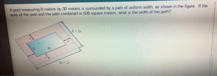 Solved A pool measuring 8 meters by 30 meters is surrounded | Chegg.com