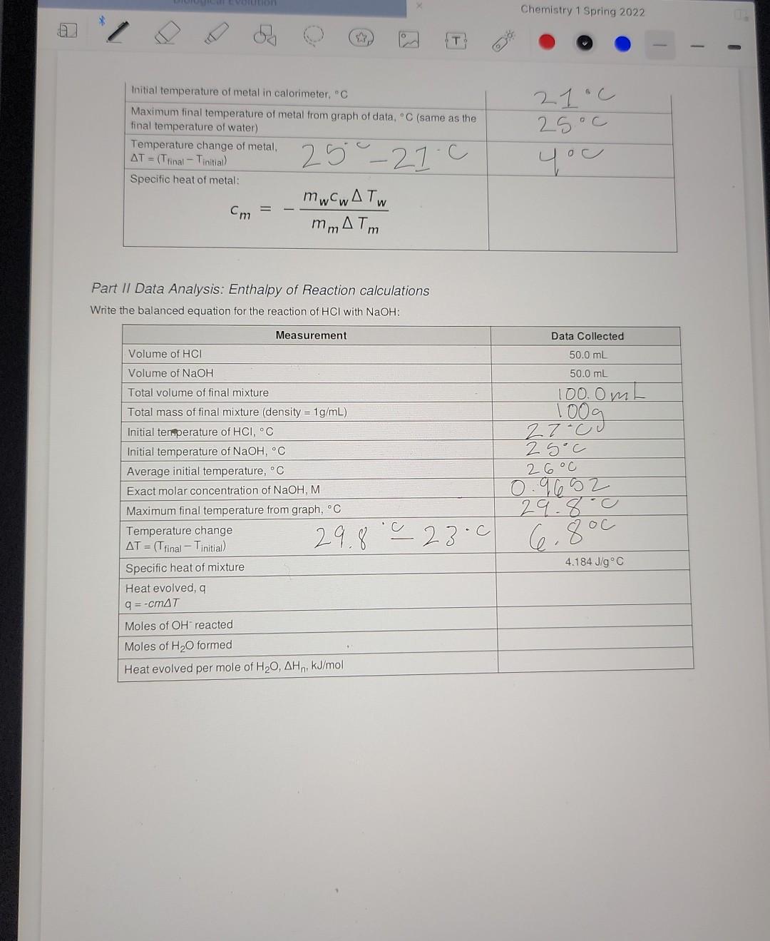 Solved Data Sheet Table 1: Calorimeter Experimental Setup | Chegg.com
