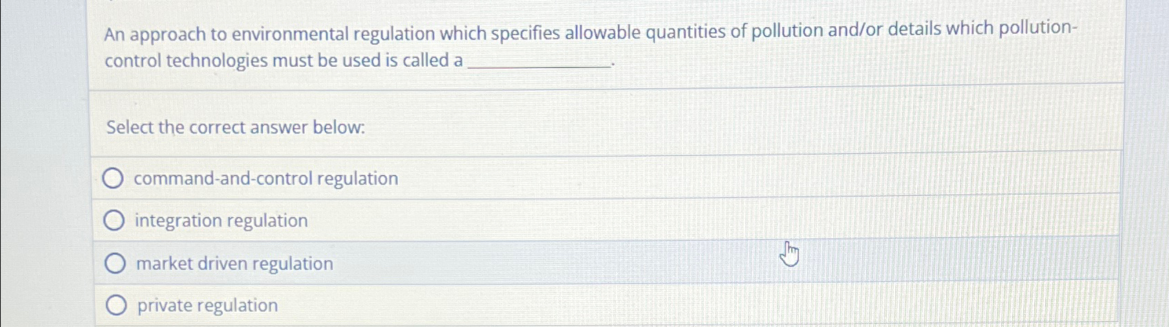 Solved An approach to environmental regulation which | Chegg.com