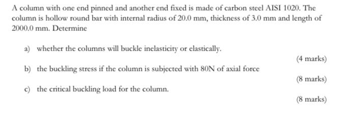 Solved A column with one end pinned and another end fixed is | Chegg.com