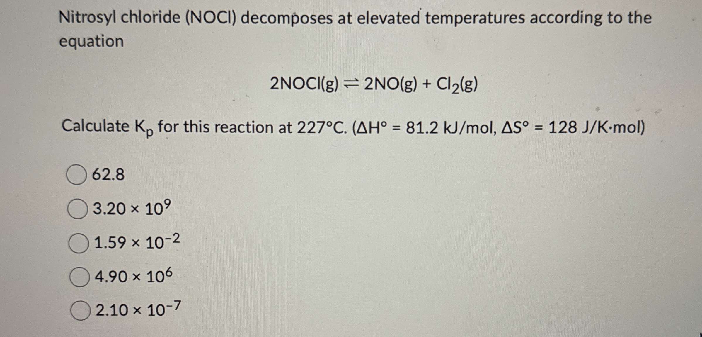 Solved Nitrosyl chloride ( ﻿NOCl ) ﻿decomposes at elevated | Chegg.com