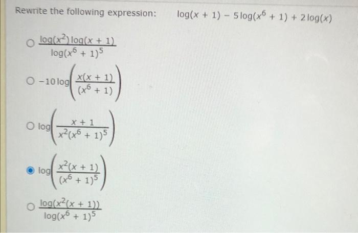 Solved Rewrite the following expression: log(x + 1) - 5 | Chegg.com