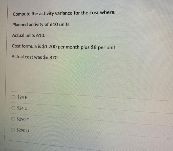 Solved Compute the activity variance for the cost where: | Chegg.com