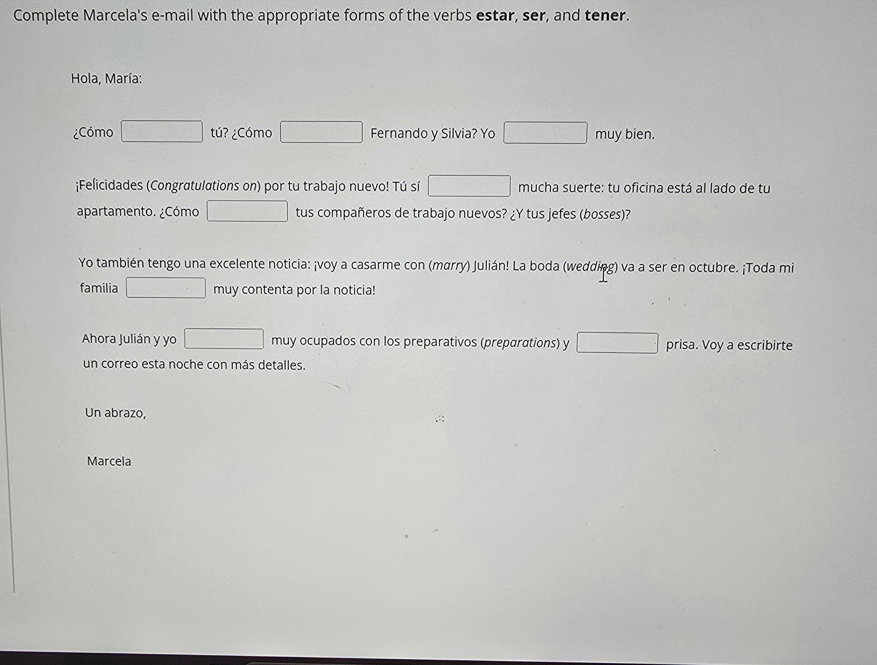 Solved Complete Marcela's e-mail with the appropriate forms | Chegg.com