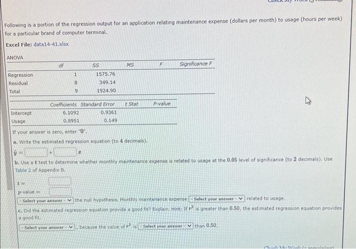 Solved ollowing is a portion of the regression output for an | Chegg.com