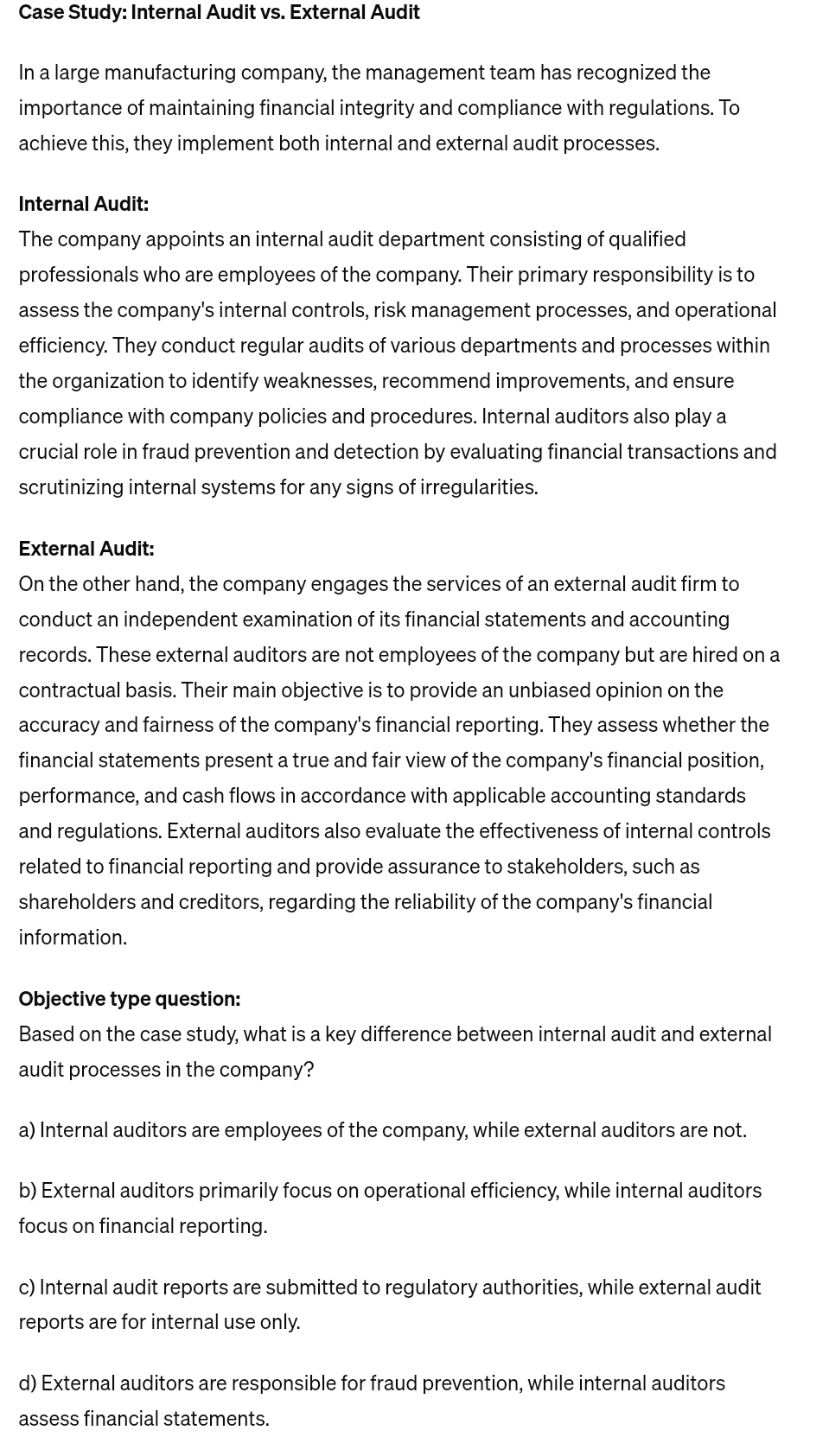 Solved Case Study: Internal Audit vs. ﻿External AuditIn a | Chegg.com