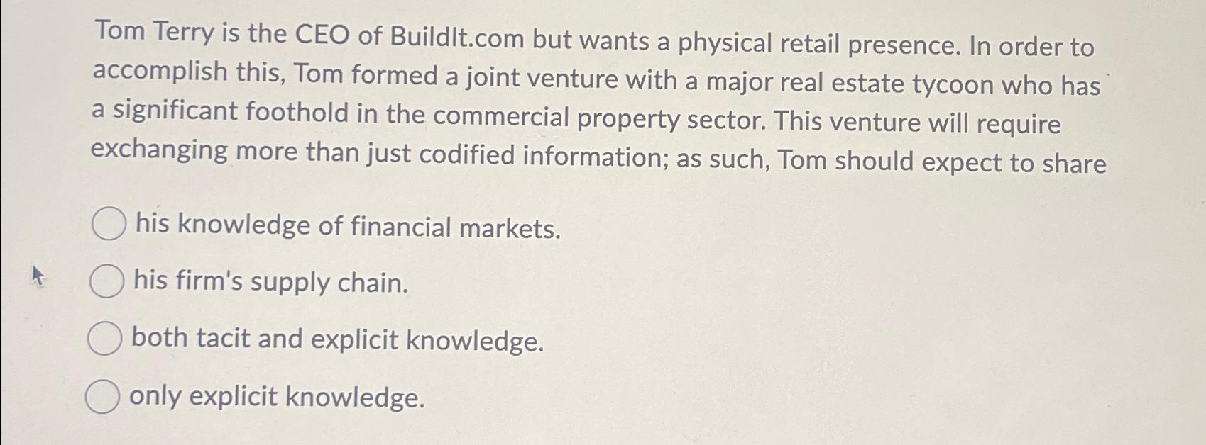 Solved Tom Terry is the CEO of Buildlt.com but wants a | Chegg.com