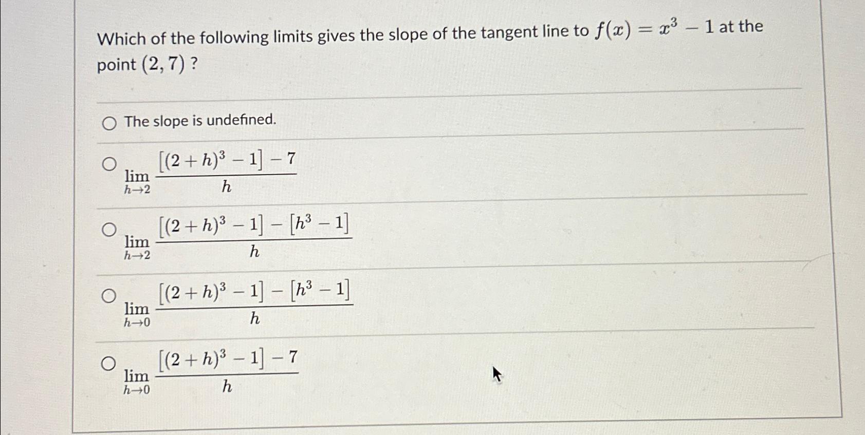 Solved Which of the following limits gives the slope of the | Chegg.com