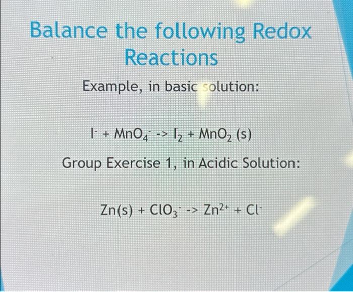 Solved Balance the following Redox Reactions Example, in | Chegg.com