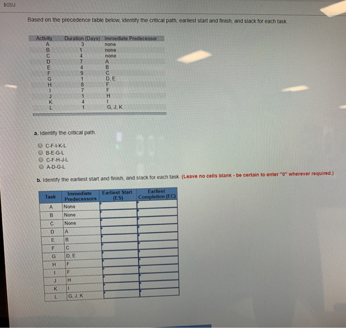 Solved BGSU Based on the precedence table below, identify | Chegg.com
