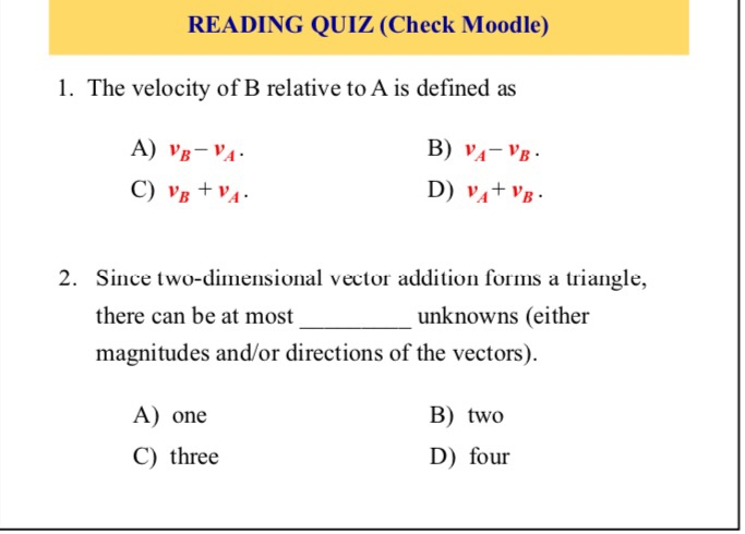 Solved READING QUIZ (Check Moodle) 1. The velocity of B | Chegg.com