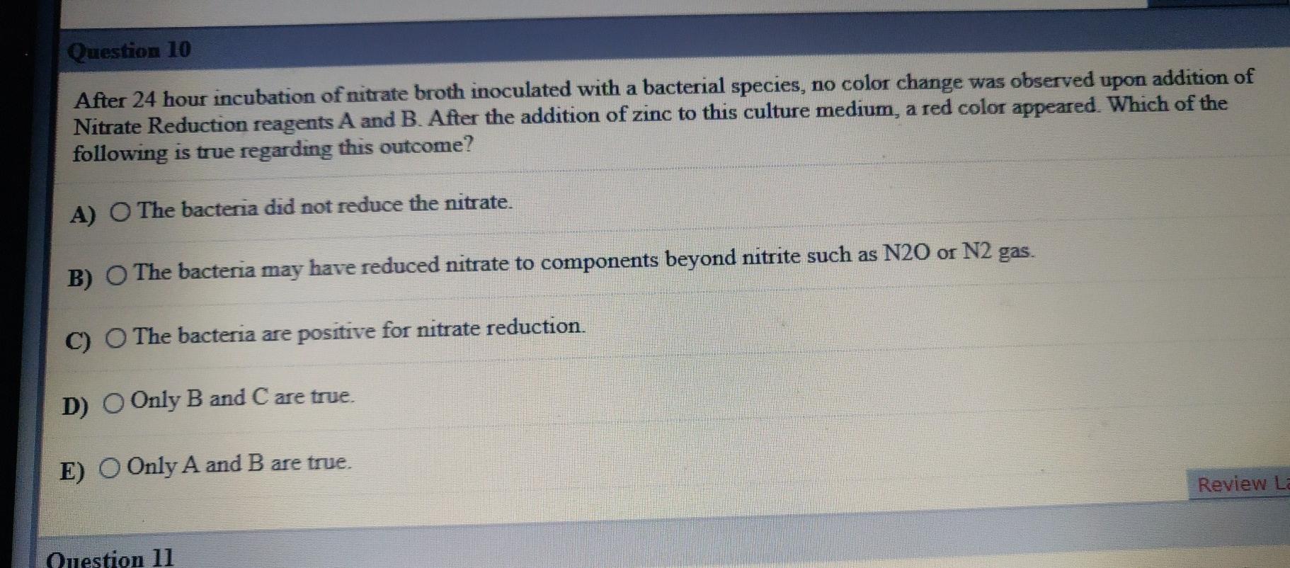 Solved Question 10 After 24 hour incubation of nitrate broth | Chegg.com