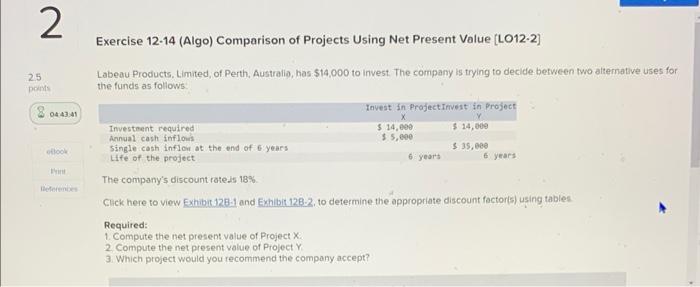 Solved Exercise 12-14 (Algo) Comparison of Projects Using | Chegg.com
