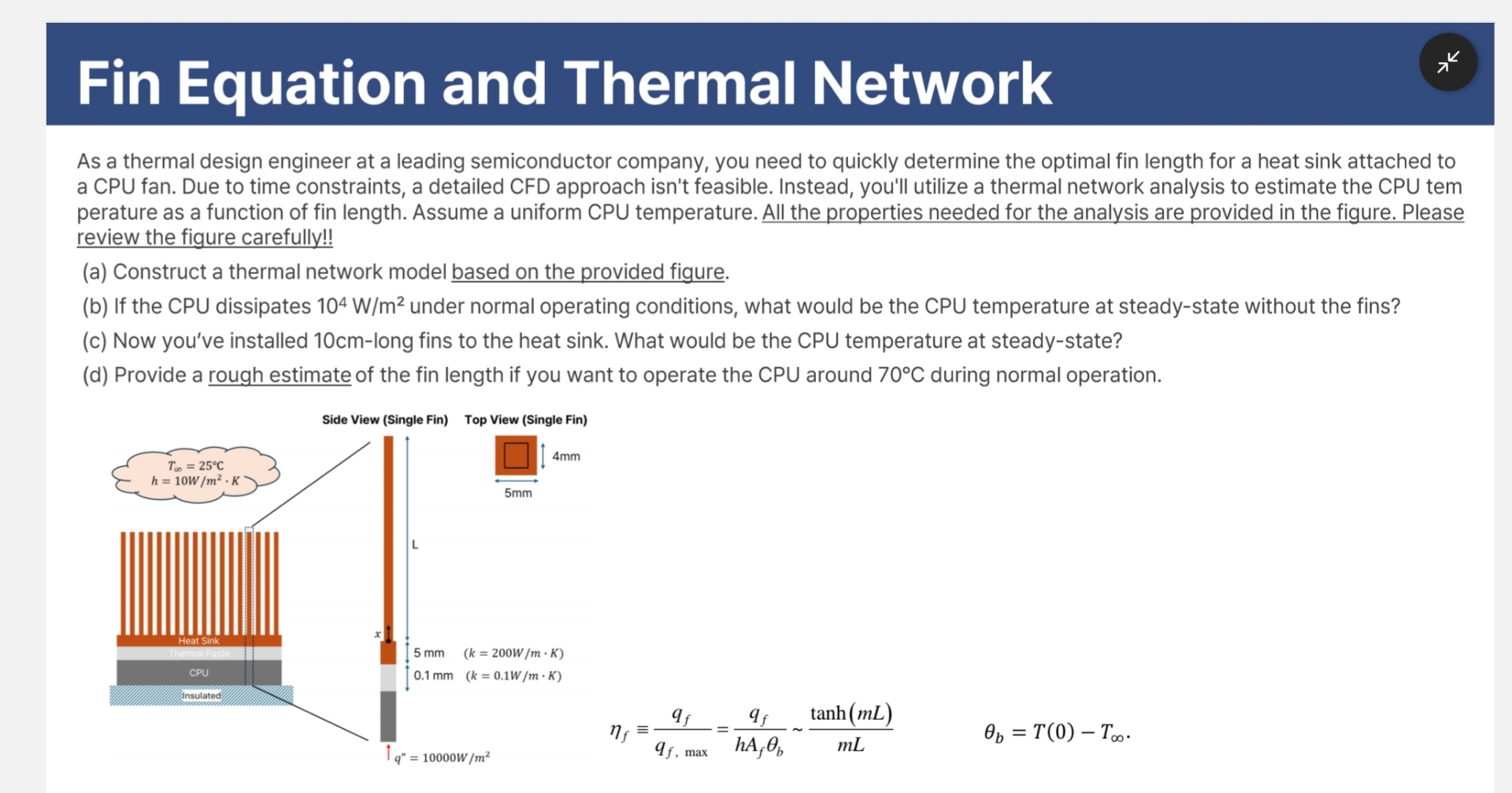 Solved Fin Equation and Thermal NetworkπkAs a thermal design | Chegg.com