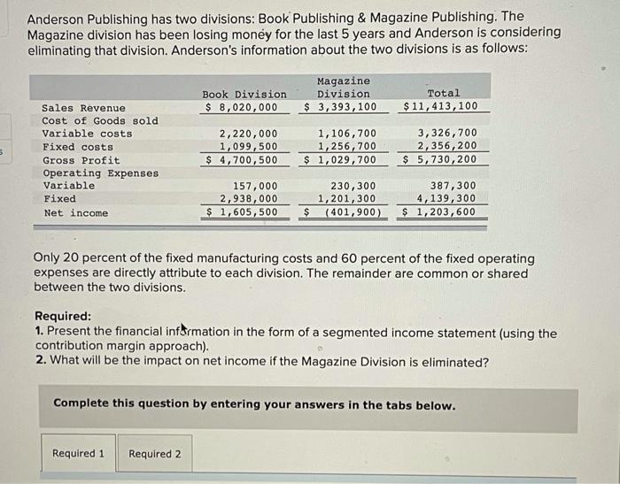 Solved Anderson Publishing has two divisions: Book | Chegg.com