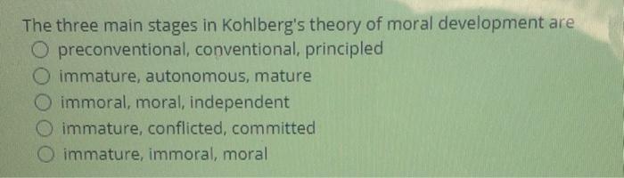 Solved The three main stages in Kohlberg's theory of moral | Chegg.com