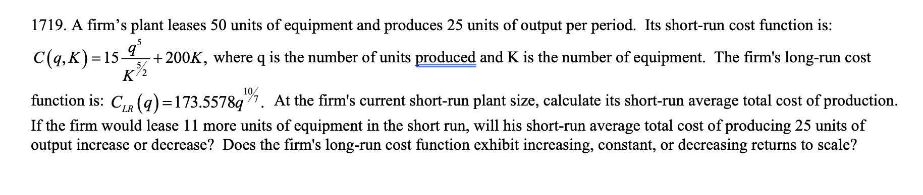 Solved A firm's plant leases 50 ﻿units of ﻿equipment and | Chegg.com