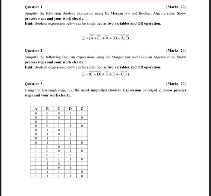 Solved Question 1 [Marks: 201 Simplify the following Boolean | Chegg.com