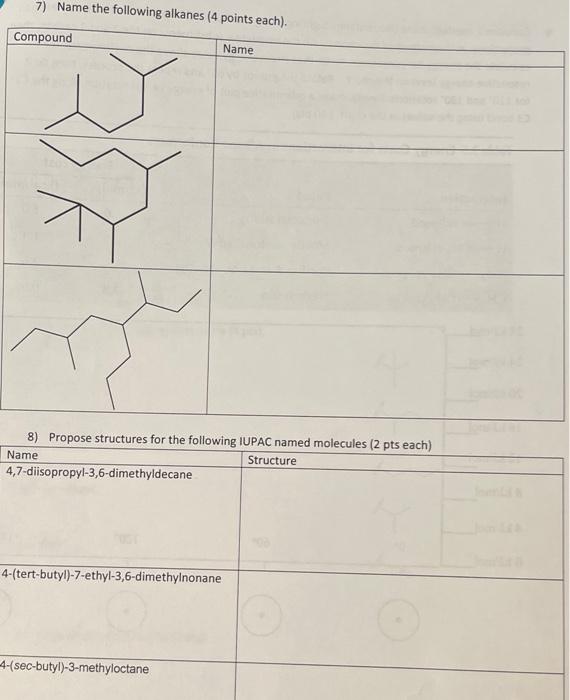 7) Name the following alkanes (4 points each). 8) | Chegg.com 7) Name the following alkanes (4 points each). 8) | Chegg.com
