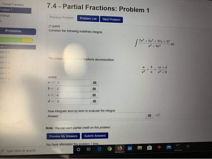 Solved - Partial Fractions Problem 1 7.4 - Partial | Chegg.com