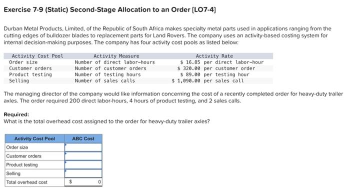 Solved Exercise 7-9 (Static) Second-Stage Allocation to an | Chegg.com