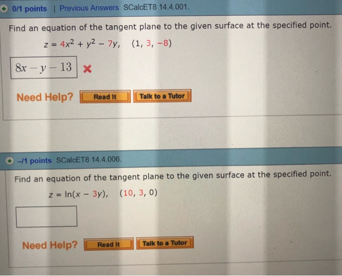 Solved 0/1 points| Previous Answers SCalcET8 14.4.001. Find | Chegg.com