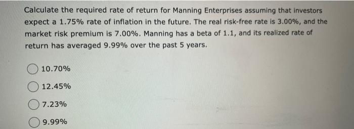 Solved Calculate the required rate of return for Manning | Chegg.com