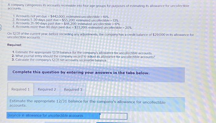 Solved A company categorizes its accounts receivable into | Chegg.com