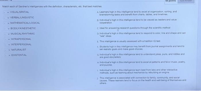 Solved Match each of Gardner's Intelligences with the | Chegg.com