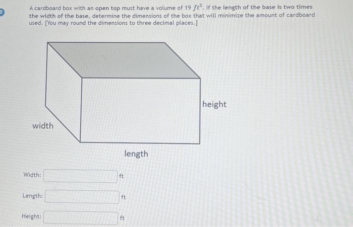 Solved A cardboard box with an open top must have a volume | Chegg.com