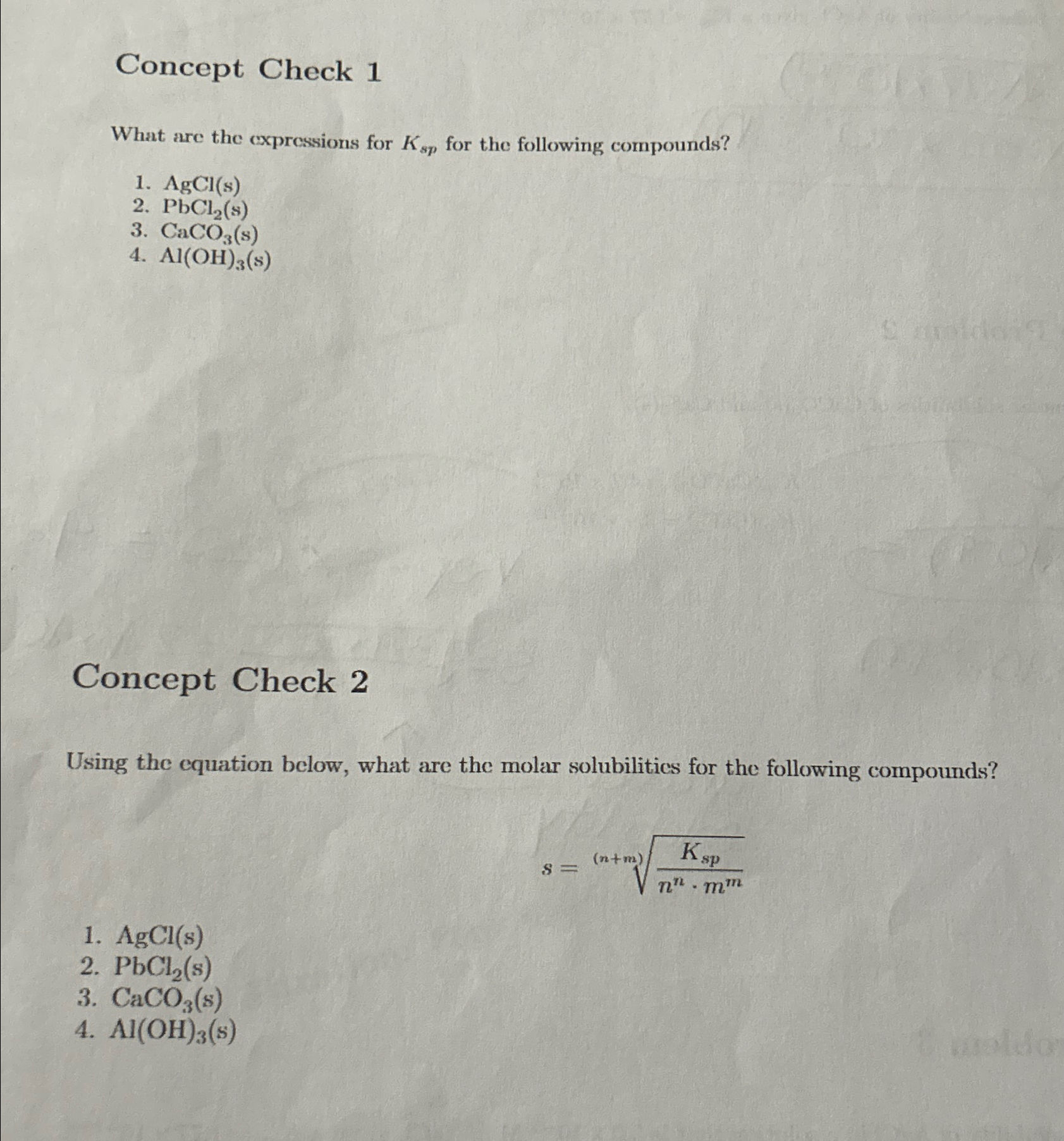 Solved Concept Check 1What are the expressions for Ksp ﻿for | Chegg.com