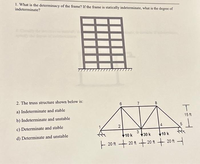 Solved 1. What is the determinacy of the frame? If the frame | Chegg.com