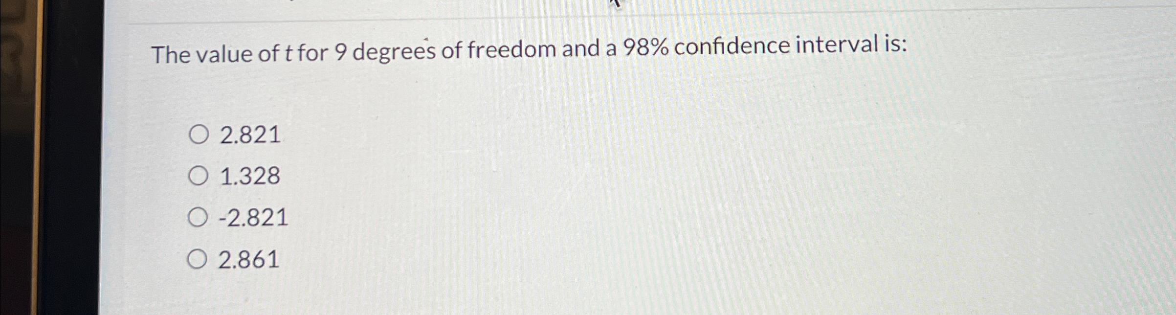 Solved The value of t ﻿for 9 ﻿degrees of freedom and a 98% | Chegg.com