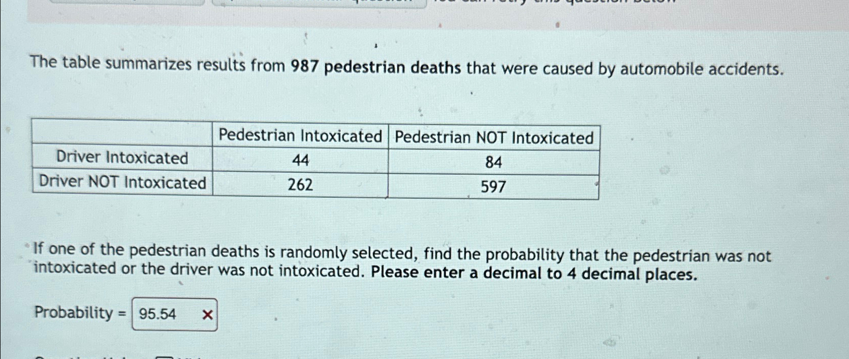 Solved The table summarizes results from 987 ﻿pedestrian | Chegg.com