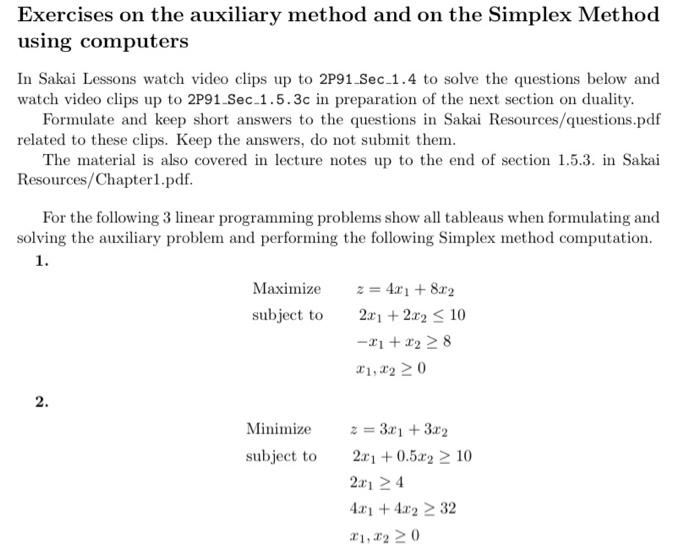 Solved Exercises on the auxiliary method and on the Simplex | Chegg.com