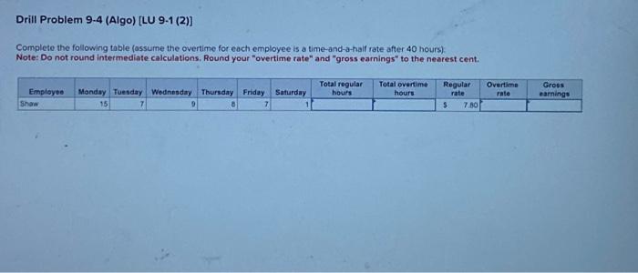Solved Drill Problem 9-4 (Algo) [LU 9-1 (2)] Complete the | Chegg.com
