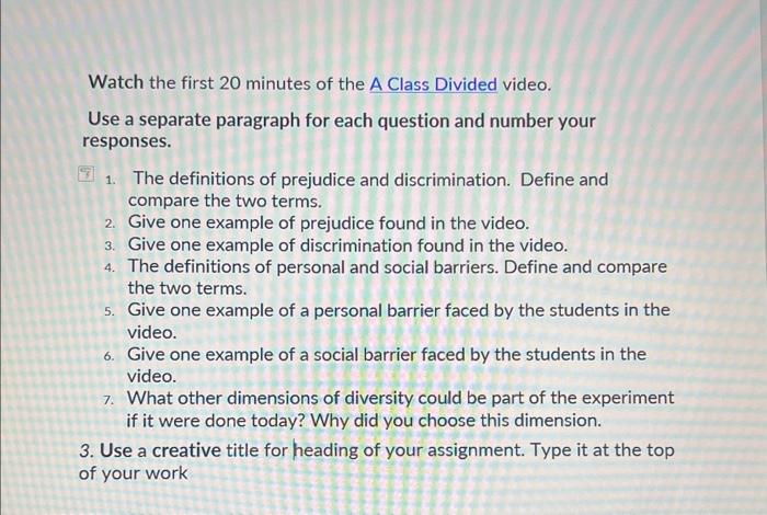 Solved Watch the first 20 minutes of the A Class Divided | Chegg.com