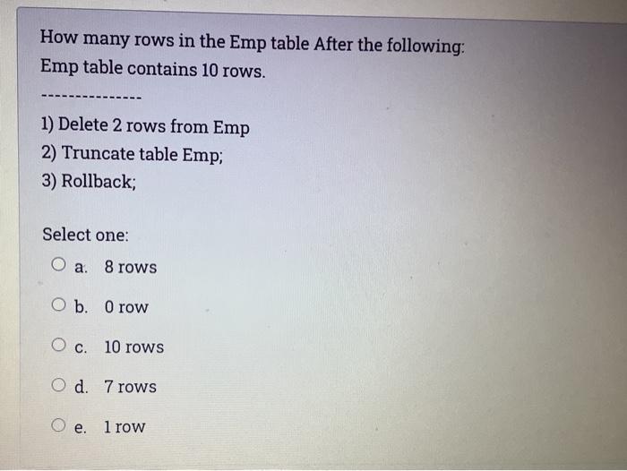 Solved How many rows in the Emp table After the following: | Chegg.com