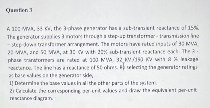 Solved A 100MVA,33KV, the 3-phase generator has a | Chegg.com