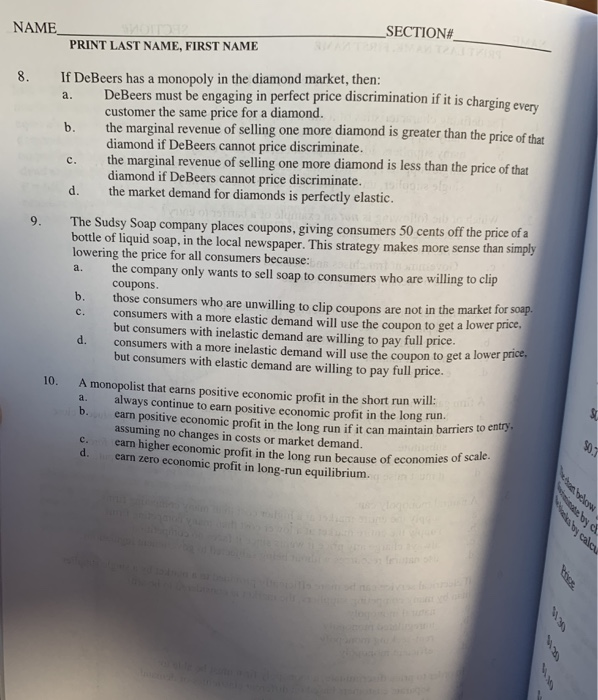 Solved PRINT LAST NAME, FIRST NAME TO MONOPOLY _SECTION The | Chegg.com