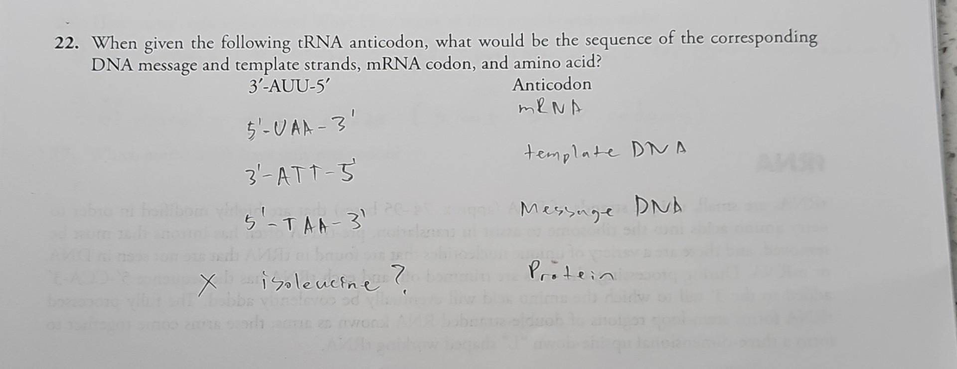 Solved 22. When given the following tRNA anticodon, what | Chegg.com